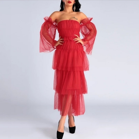Dresses | Sexy Solid Red Tiered Ruffles Dress | Poshmark